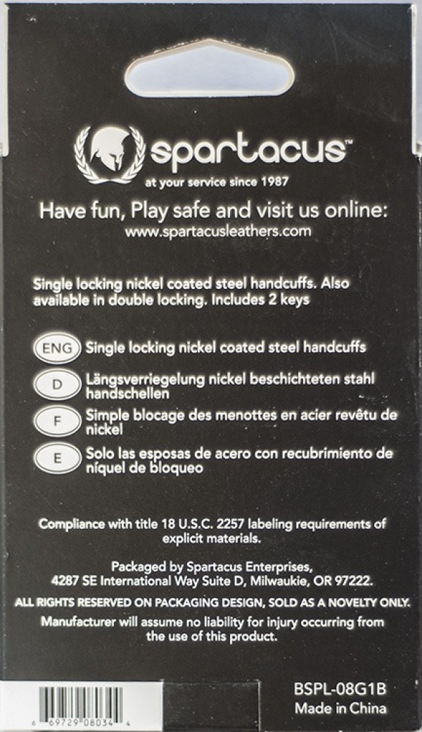 Spartacus Steel Handcuffs Single Locking With 2 Keys Game